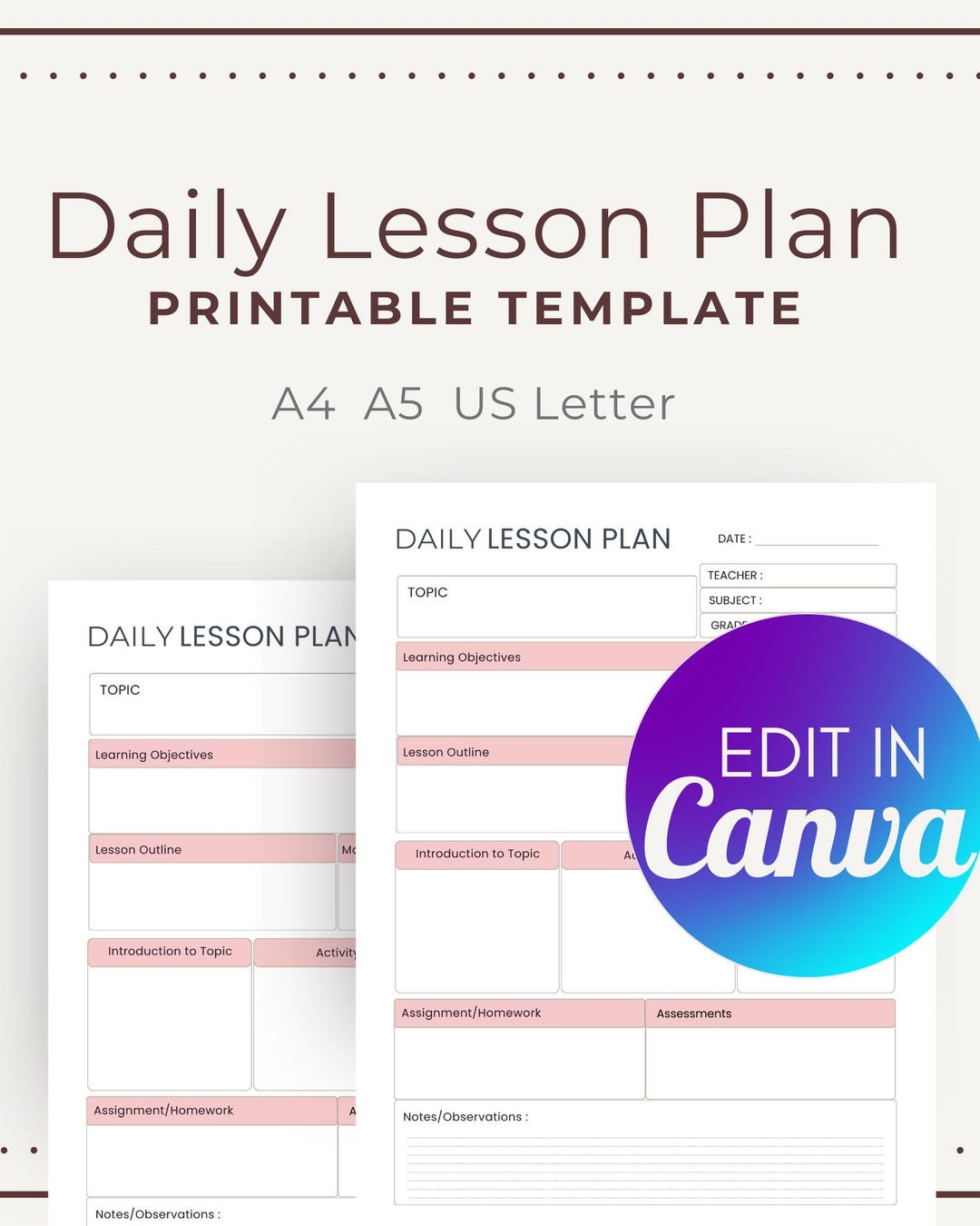 Editable Daily Lesson Plan Canva Template for Teachers, Homeschool ...