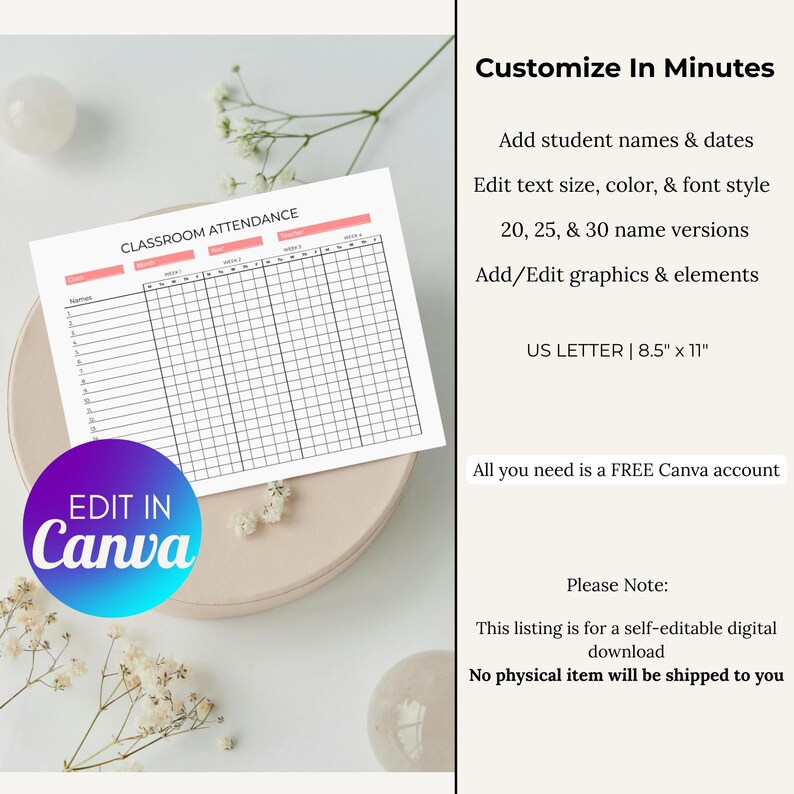 Editable Classroom Attendance Tracker, Canva Template for Elementary ...