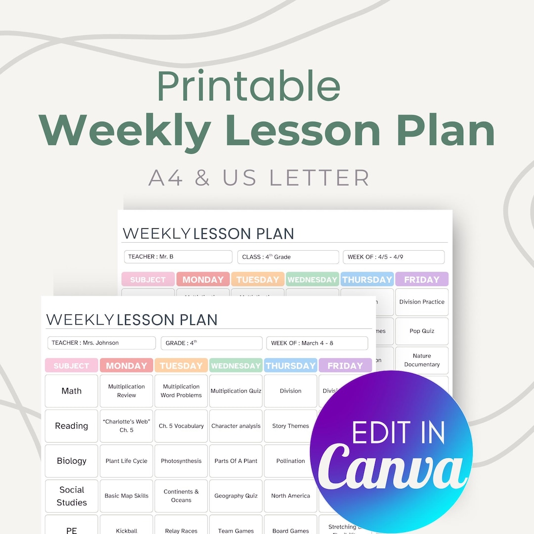 Editable Weekly Lesson Plan for Teachers, Printable Class Schedule ...