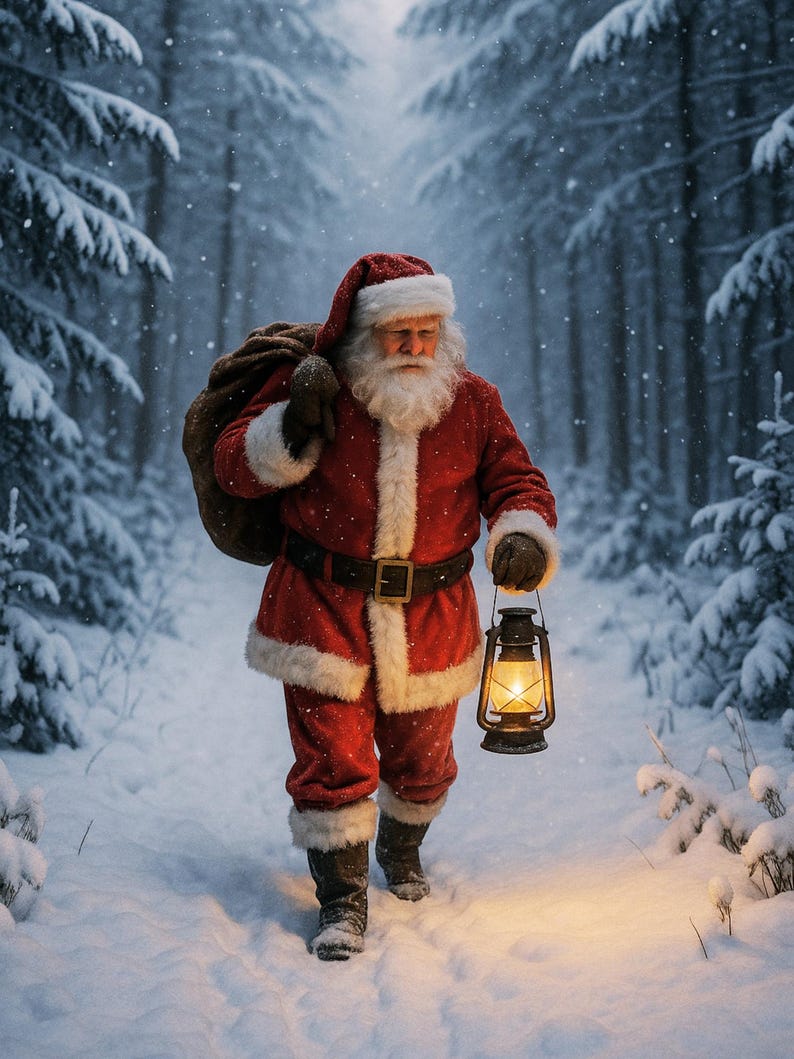 Santa in Snowy Woods Vintage Christmas Print: Winter Holiday Decor ...