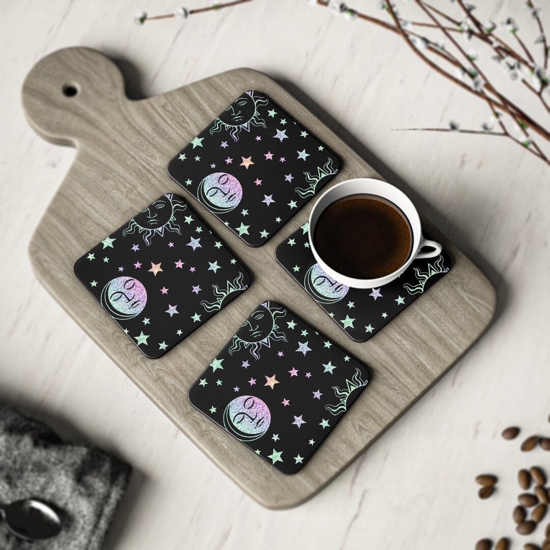 Celestial Cork Wood Coasters Moon Stars 4 Pack Set Coffee Coaster Drink ...