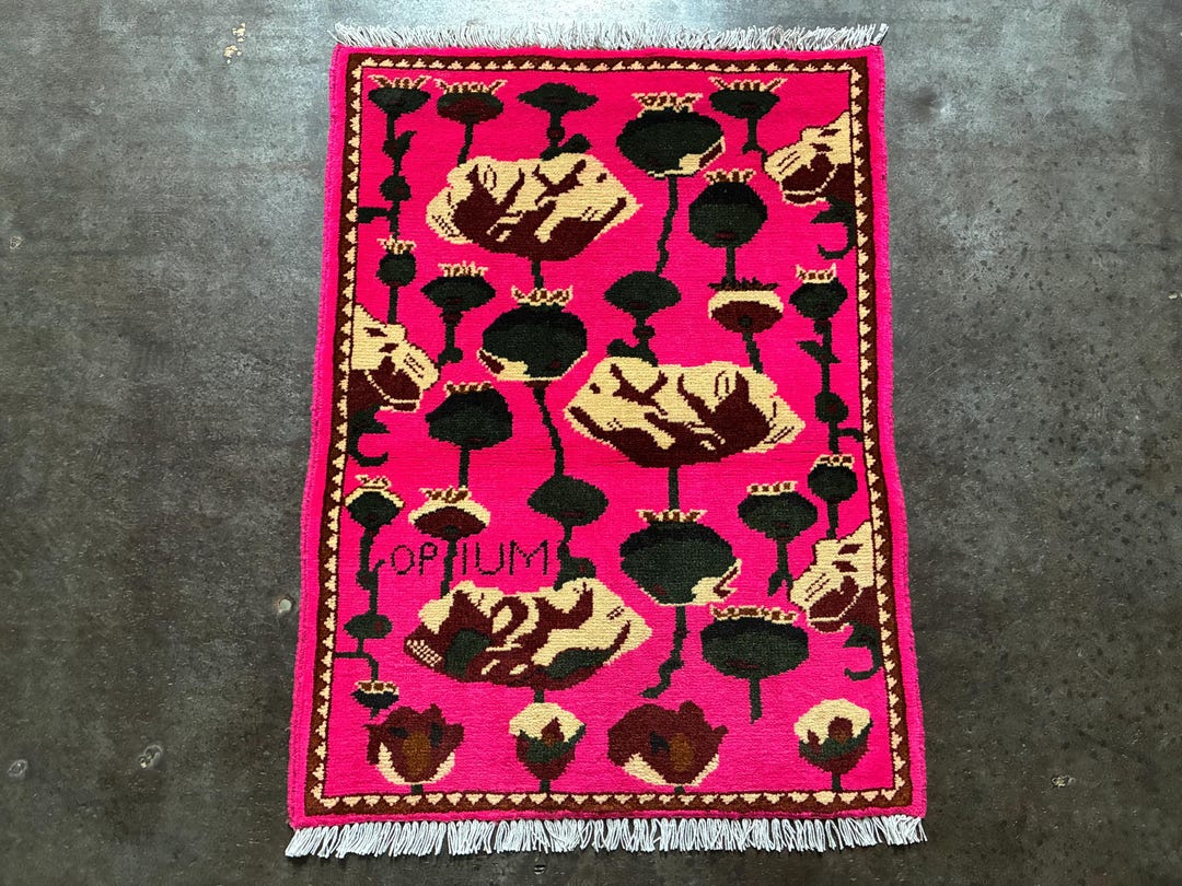 Handmade Afghan War Rug | Pink Background With Opium Poppy Design | 2x3 ...