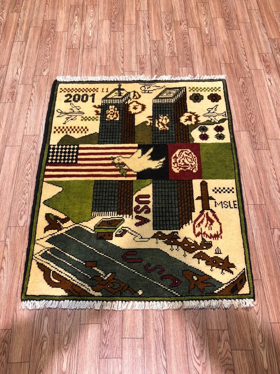 USA, 2001 9 11, Art, 2x3, Afghan Hand Knotted Wall Hanging Art Rug ...