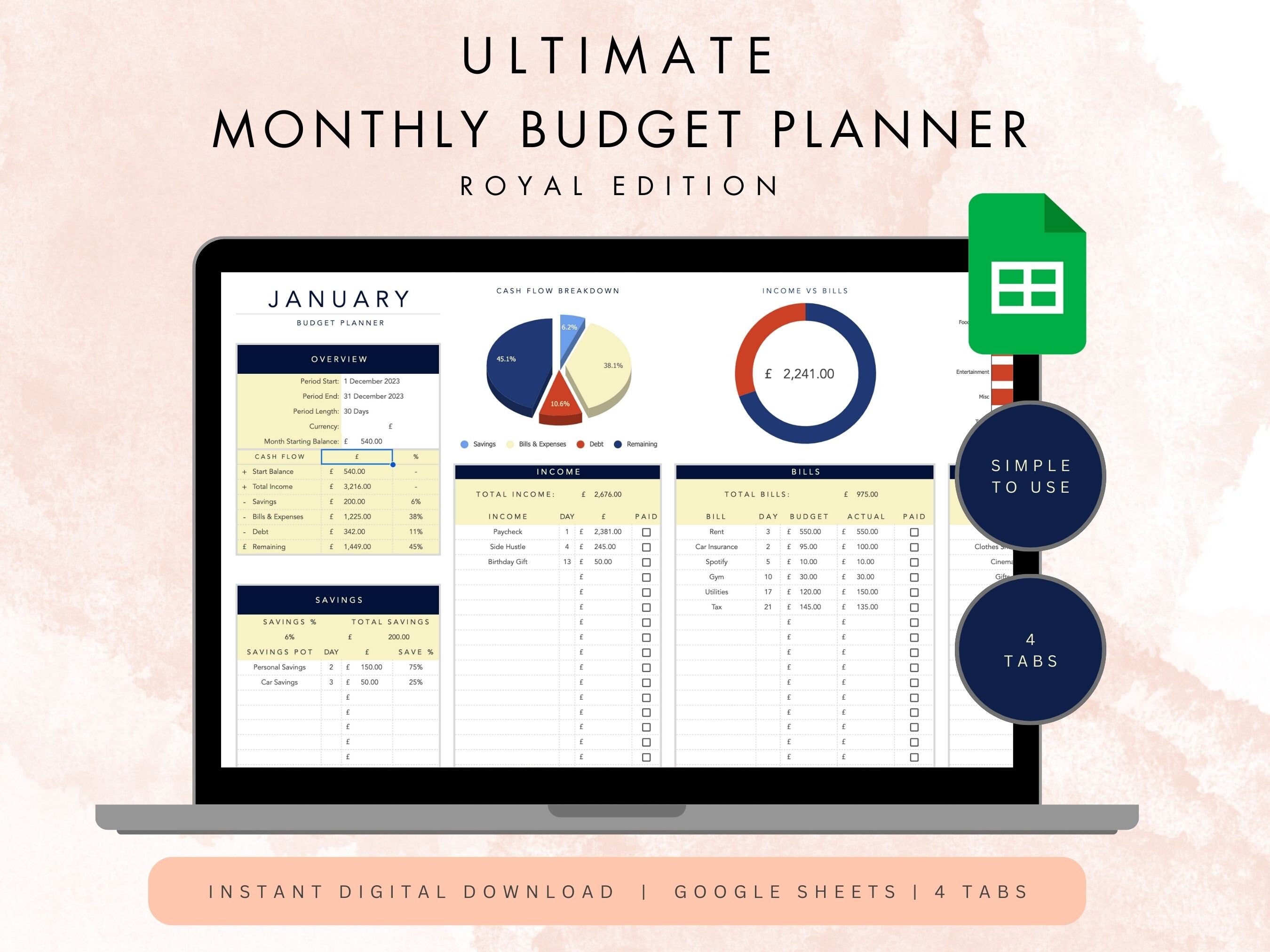 Monthly Budget Planner | Royal Colour Spreadsheet | Simple Monthly ...