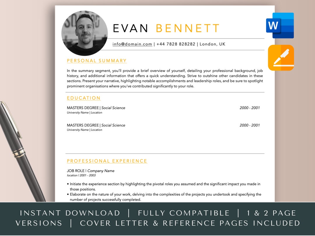 Professional Resume CV Template, Pages, Word, 1-2 Page Resume Template ...