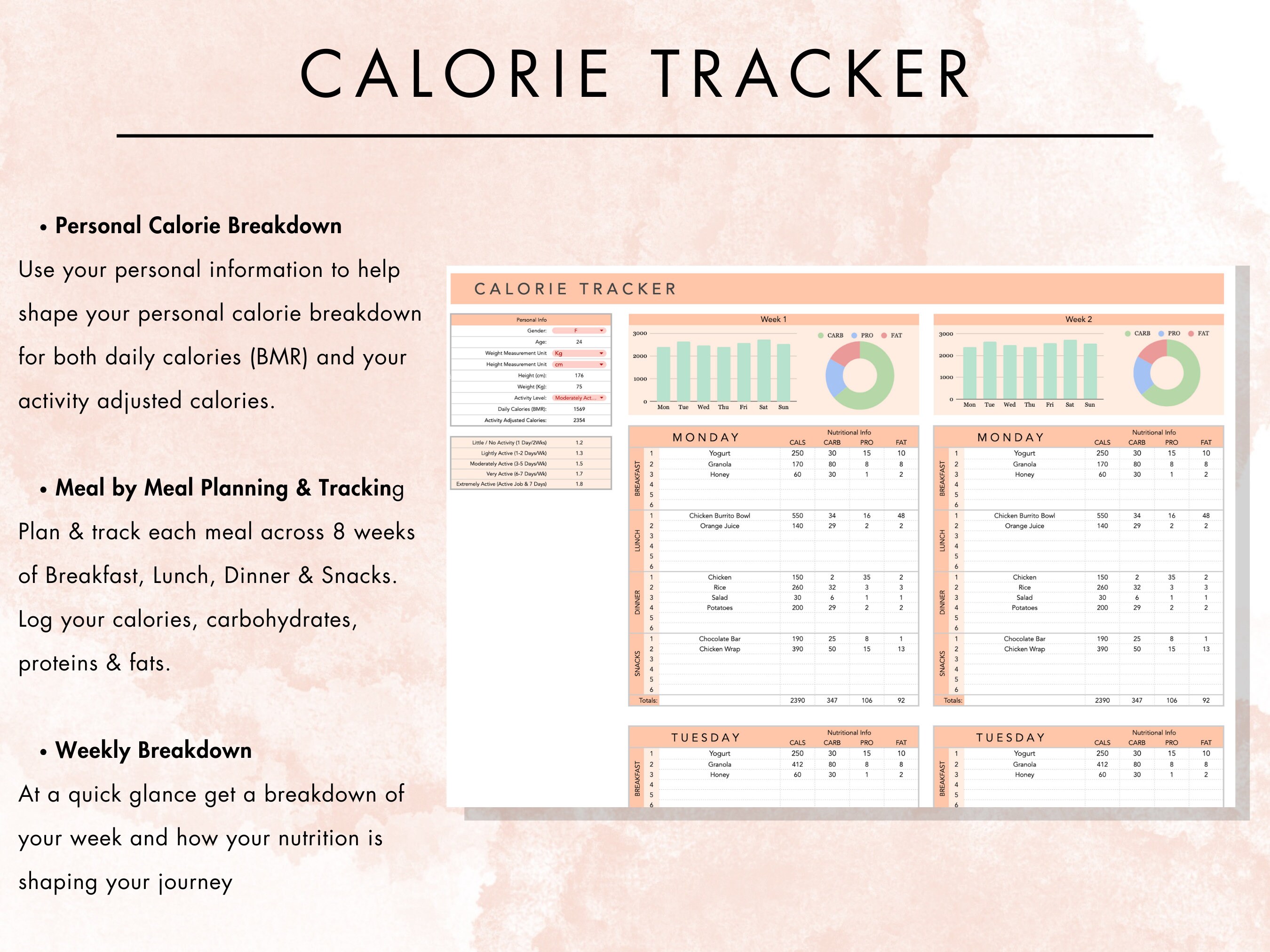 Weight Loss & Fitness Tracker | Google Sheets | Calorie Tracker | Meal ...