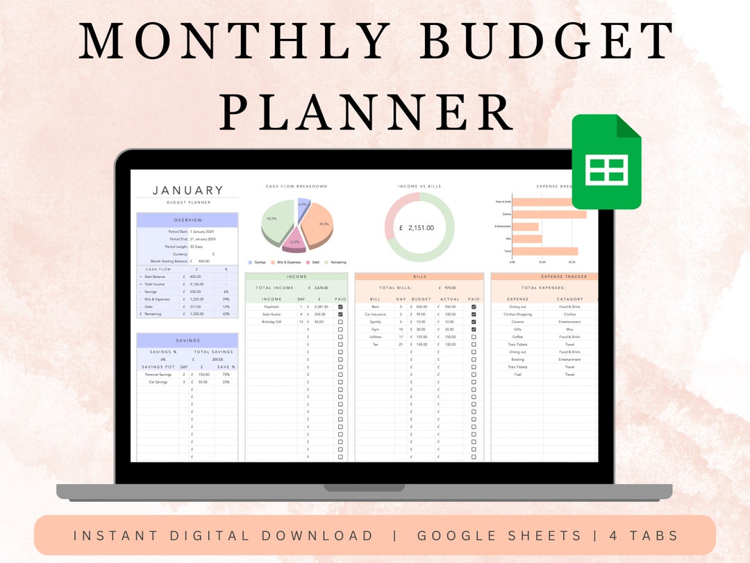 Monthly Budget Planner Pastel Palette Spreadsheet Simple Monthly Budget ...