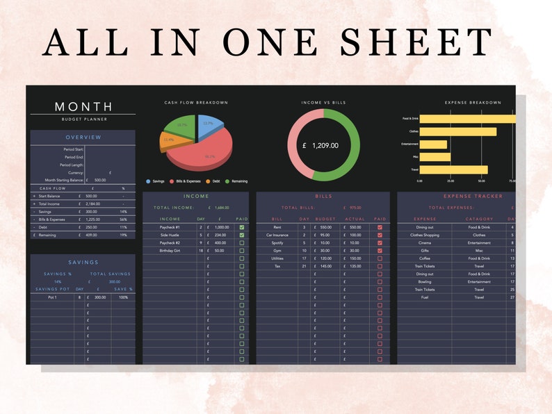 Monthly Budget Planner | Dark Mode Spreadsheet | Simple Monthly Budget ...