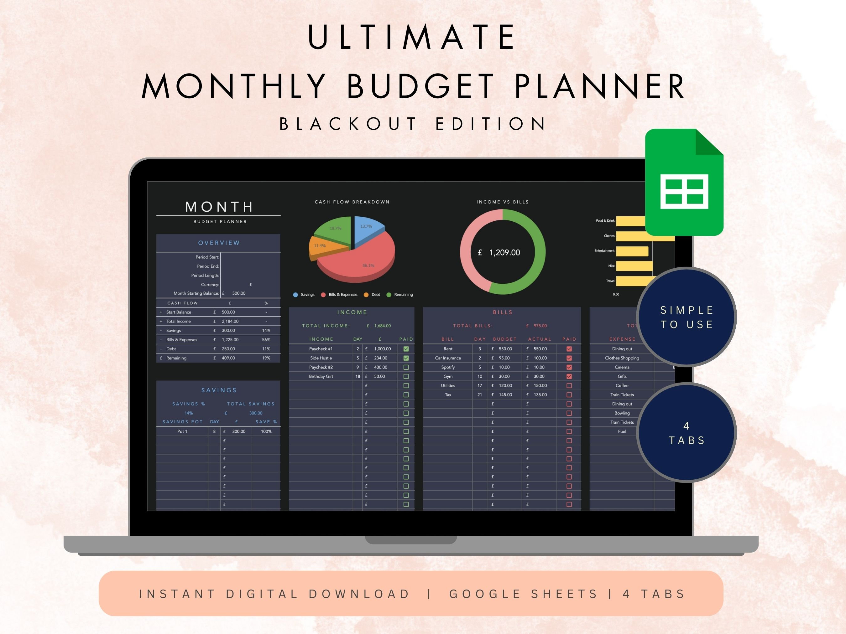 Monthly Budget Planner | Dark Mode Spreadsheet | Simple Monthly Budget ...