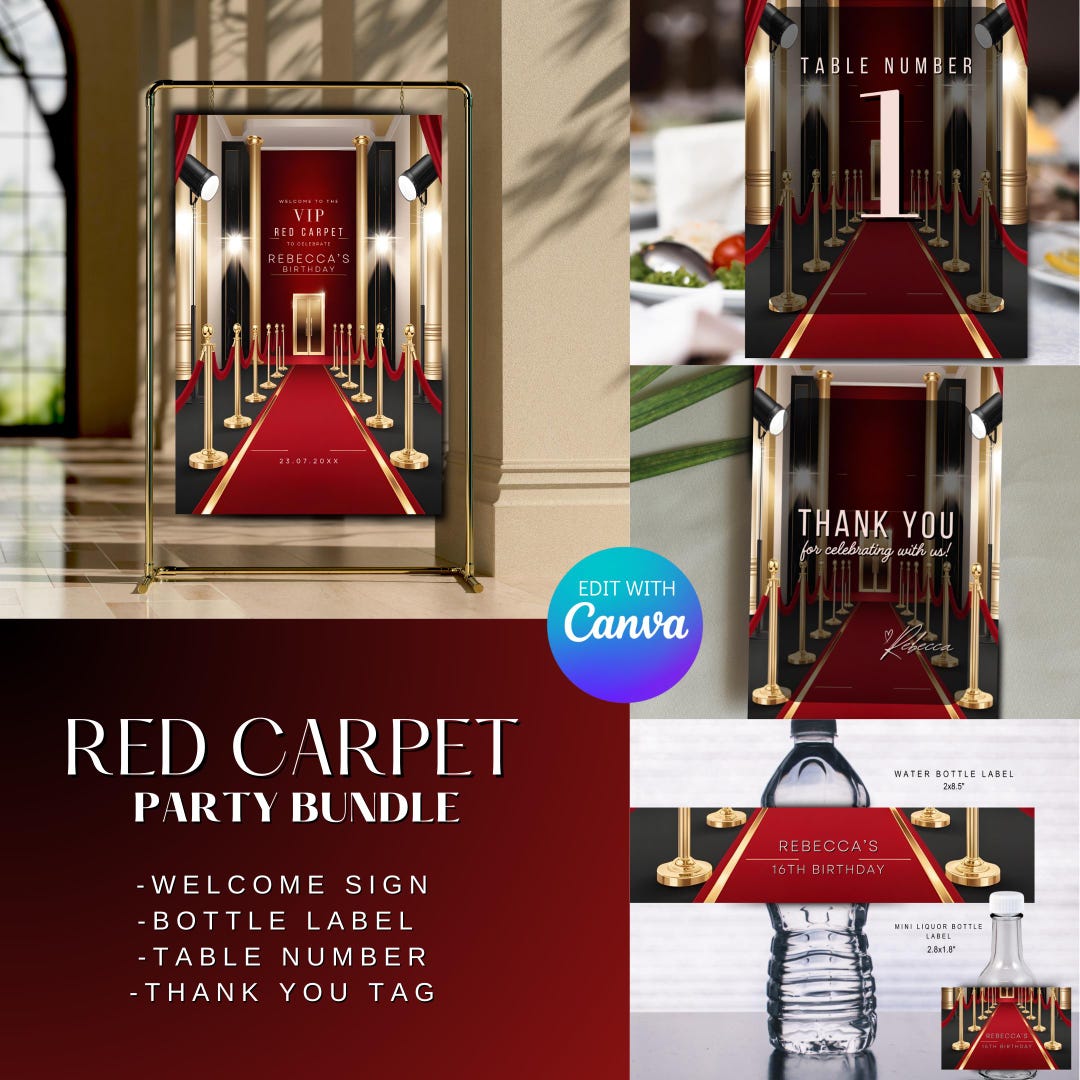 Red Carpet Party Bundle, Welcome Sign, Table Number and Thank You Card ...