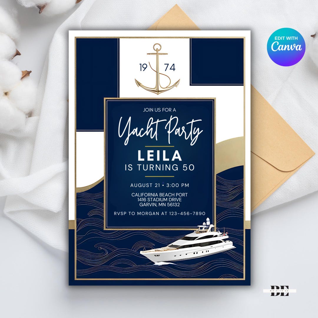 Yacht Party Invitation | Printable Yacht Birthday Invite, Marine Themed ...
