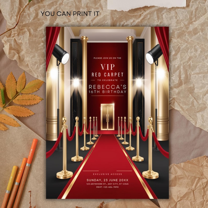 Red Carpet Invite, Red Carpet Birthday Invitation, Hollywood Theme ...