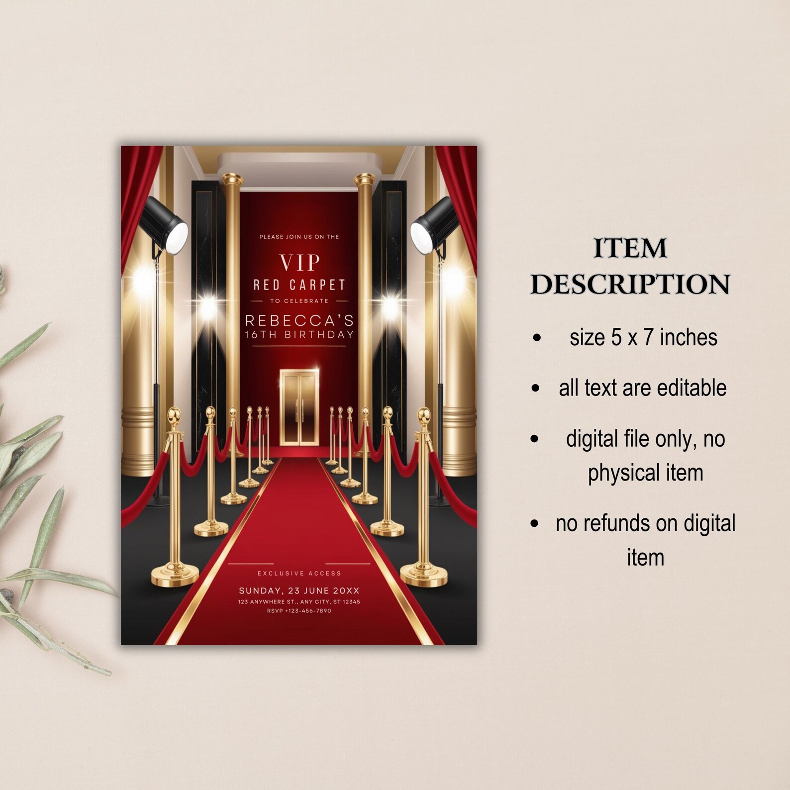 Red Carpet Invite, Red Carpet Birthday Invitation, Hollywood Theme ...