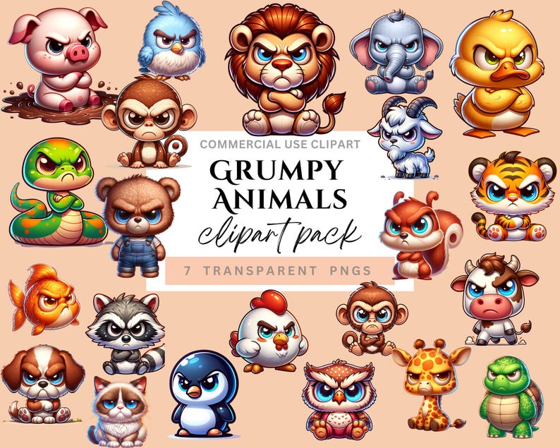 Grumpy Animal Clipart, Cute Cartoon Animals, Digital Download for ...