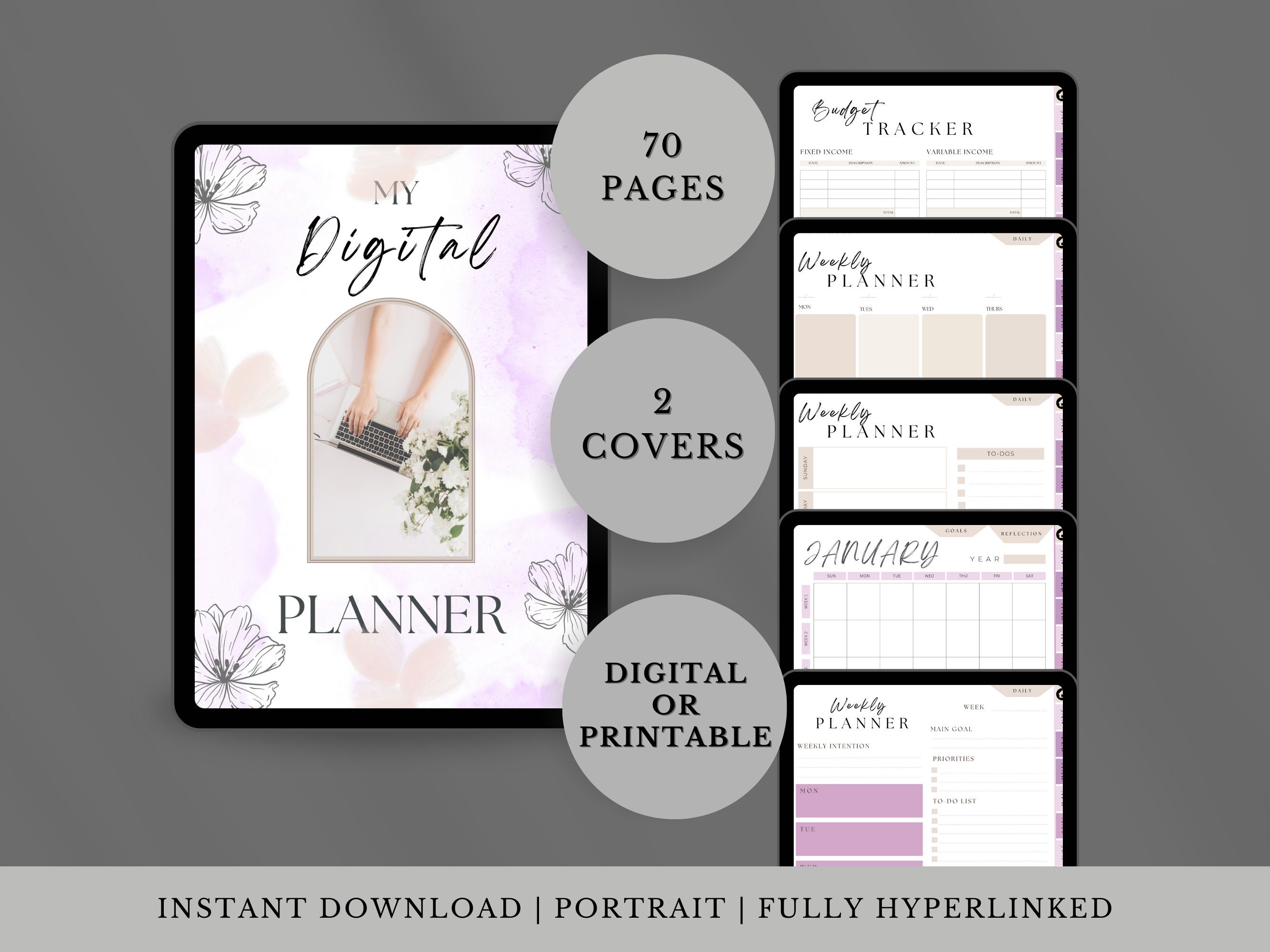 Premium Undated PORTRAIT Digital Planner, Weekly Digital Calendar ...