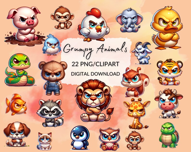 Grumpy Animal Clipart, Cute Cartoon Animals, Digital Download for ...