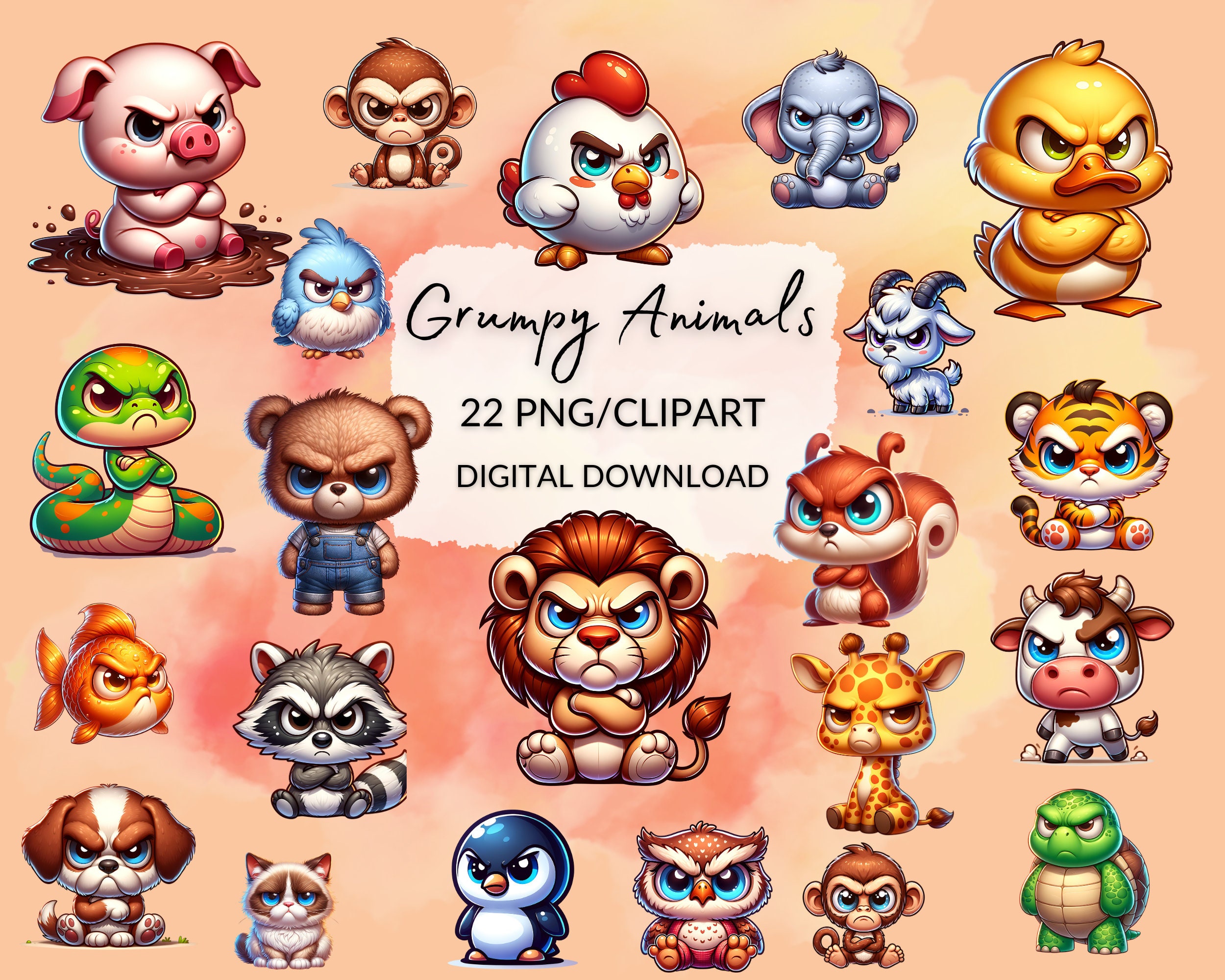 Grumpy Animal Clipart, Cute Cartoon Animals, Digital Download for ...