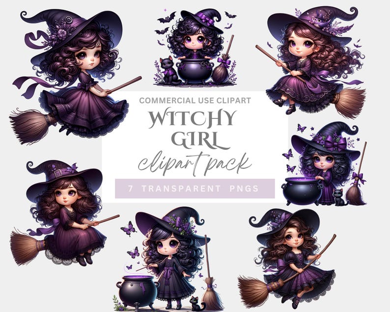 Cute Witchy Girl Clipart Bundle, Enchanting Halloween Girl Clipart ...