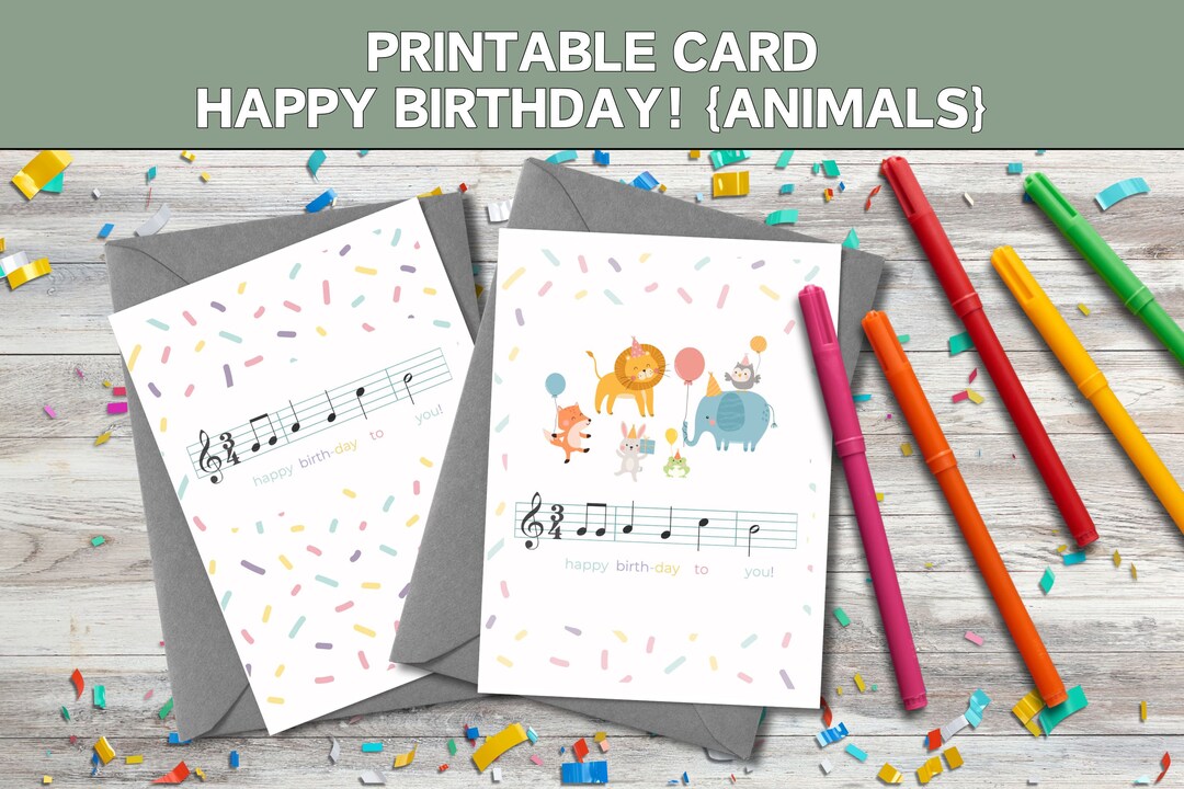 Music Birthday Card {animals} | Printable Card - Etsy