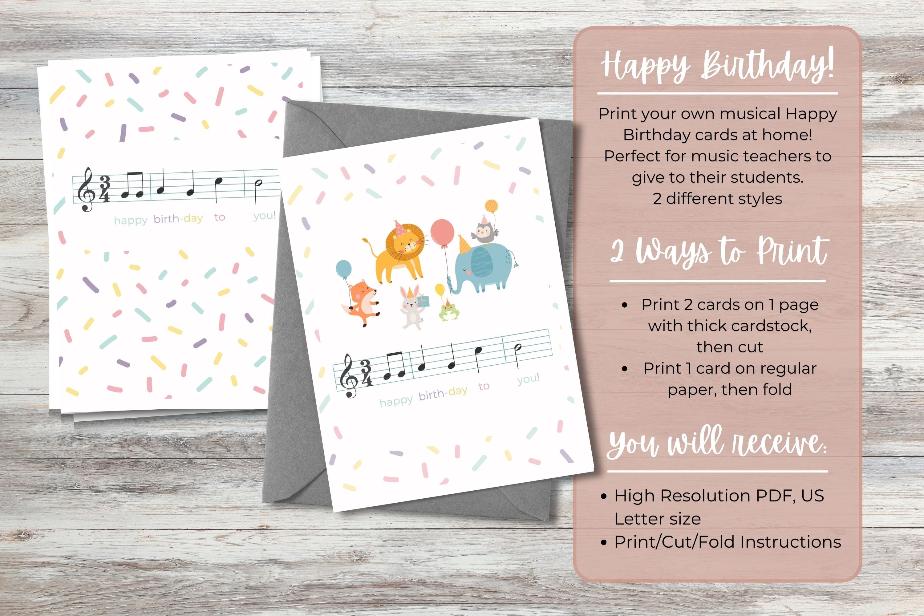 Music Birthday Card {animals} | Printable Card - Etsy