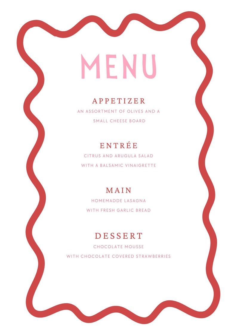 Valentine's Day Menu, Scribble Menu Template, Galentine's Day Dinner, Dinner Menu, Customizable ...