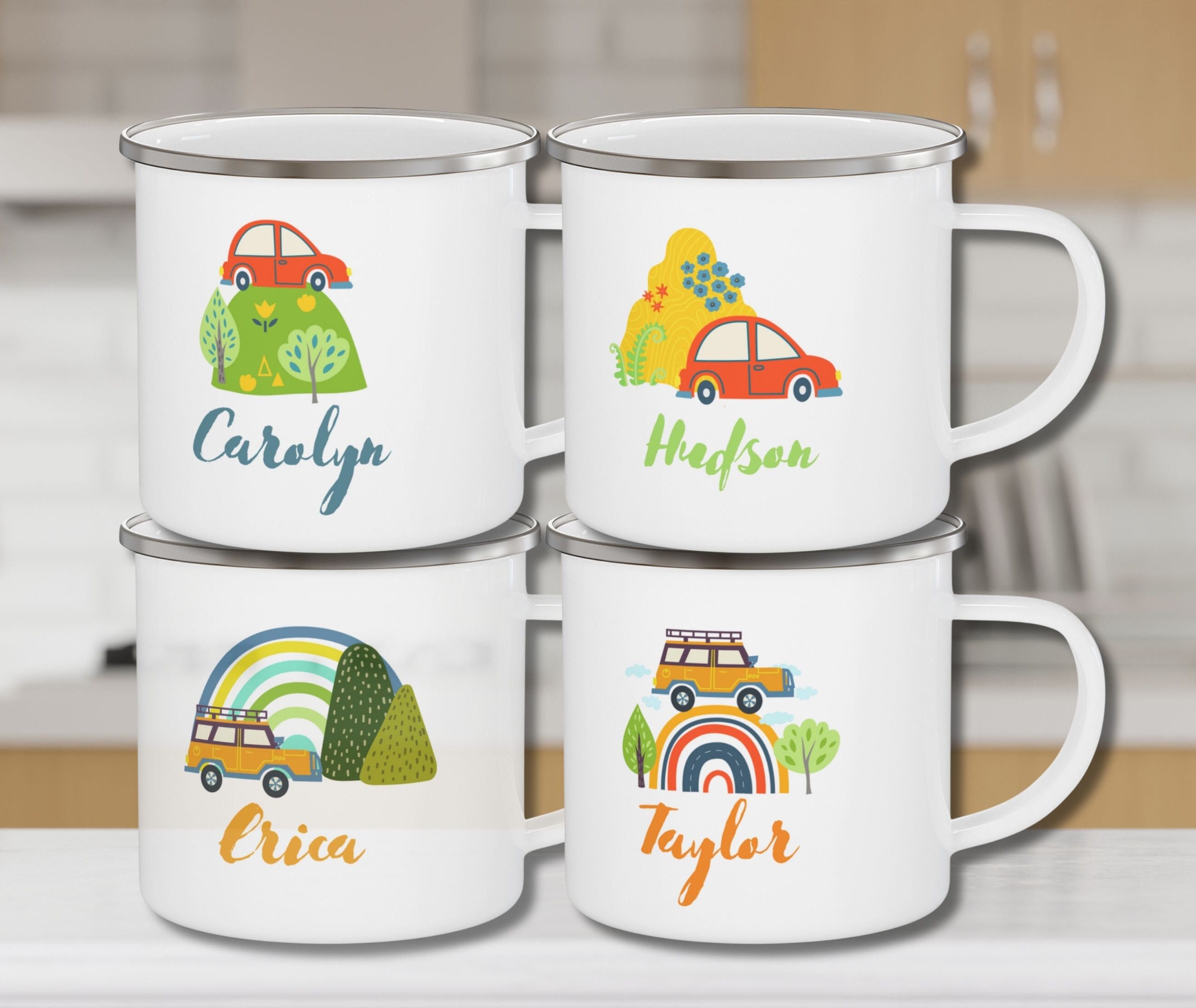 Personalized Enamel Name Cup, Camper Coffee Mug, Custom Toddler Vehicle ...