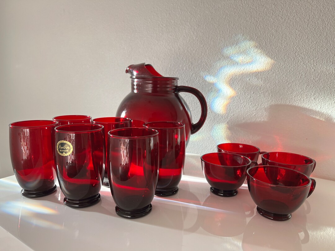 Vintage Royal Ruby Red Glass Pitcher Set With Punch Cups - Etsy