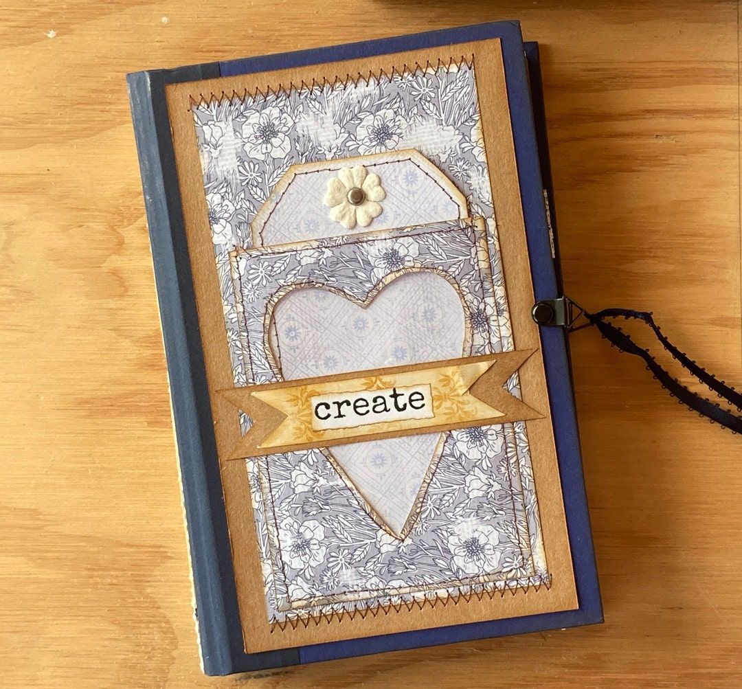Handmade Altered Book Journal, Blue Ribbon Lace, Stamped Pages - Etsy