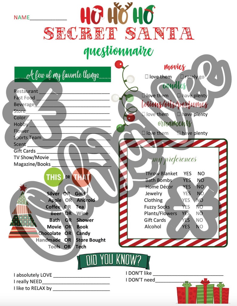 Printable Secret Santa Questionnaire - Etsy