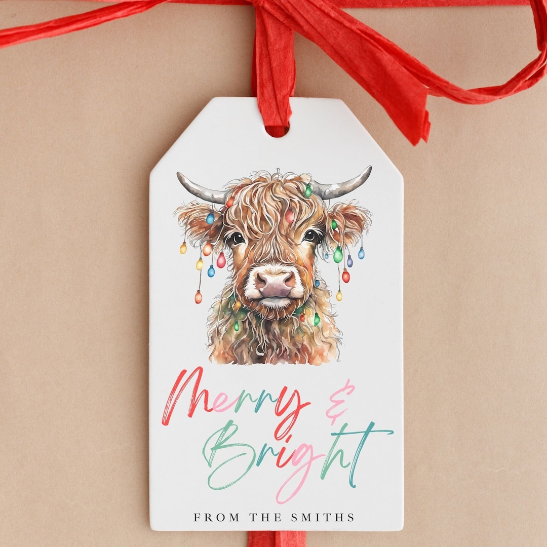 Printable Merry & Bright Christmas Gift Tag, Highland Cow Gift Tag ...