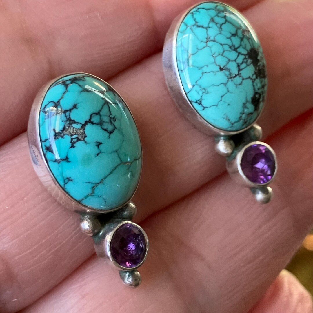 Navajo Anna Begay Turquoise & Amethyst Post Stud Earrings vintage Sun ...