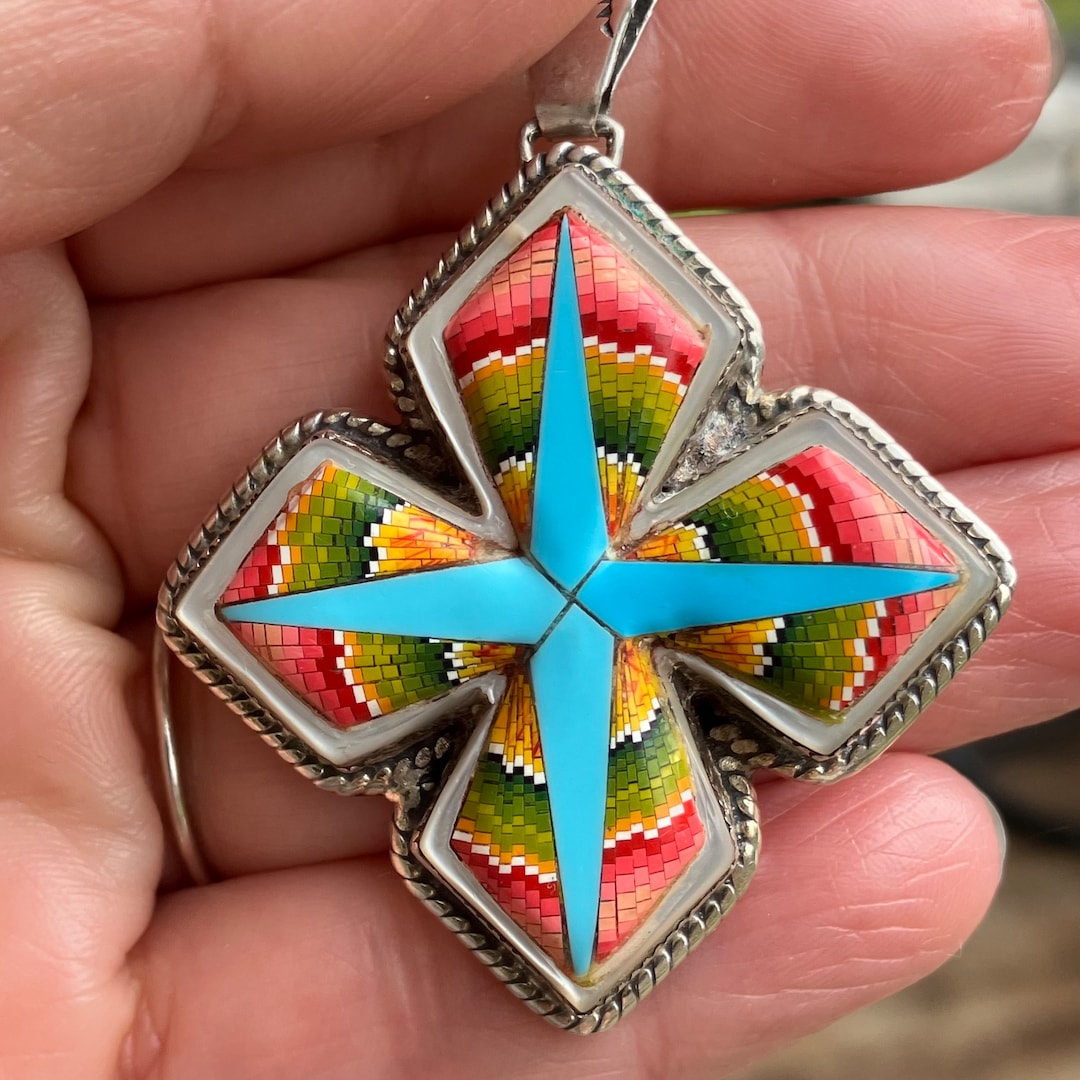 Vintage Navajo Multi Gemstone Inlay Pendant Signed R Native American ...