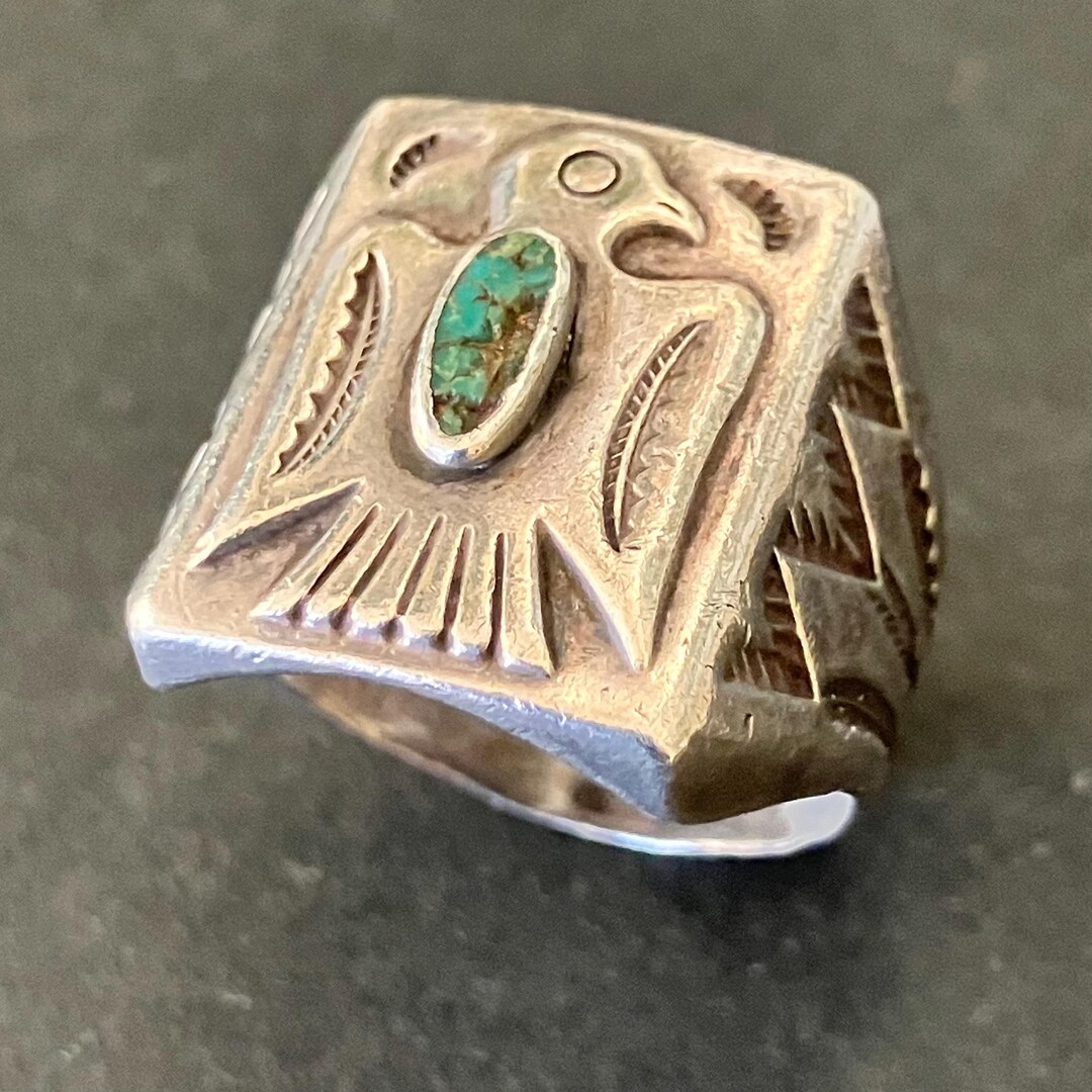 Vintage Fred Harvey Era Turquoise Ring Bell Trading Post Thunderbird Ring Authentic Navajo ...