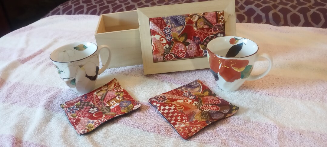 Japanese Coaster and Cup Set in Wooden Box - Etsy