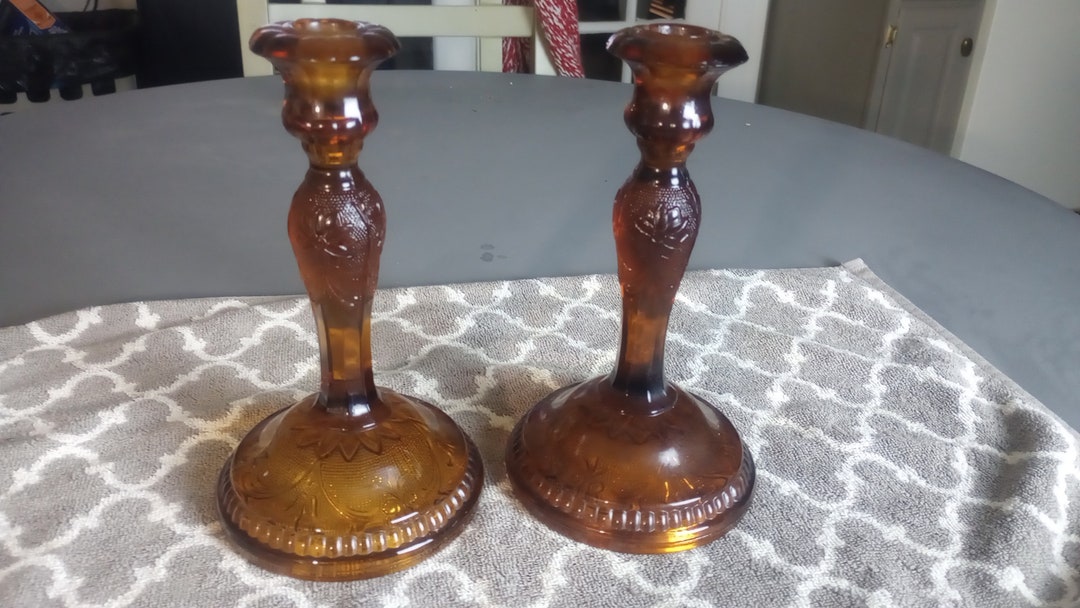Tiara Amber Glass Candlestick Set - Etsy