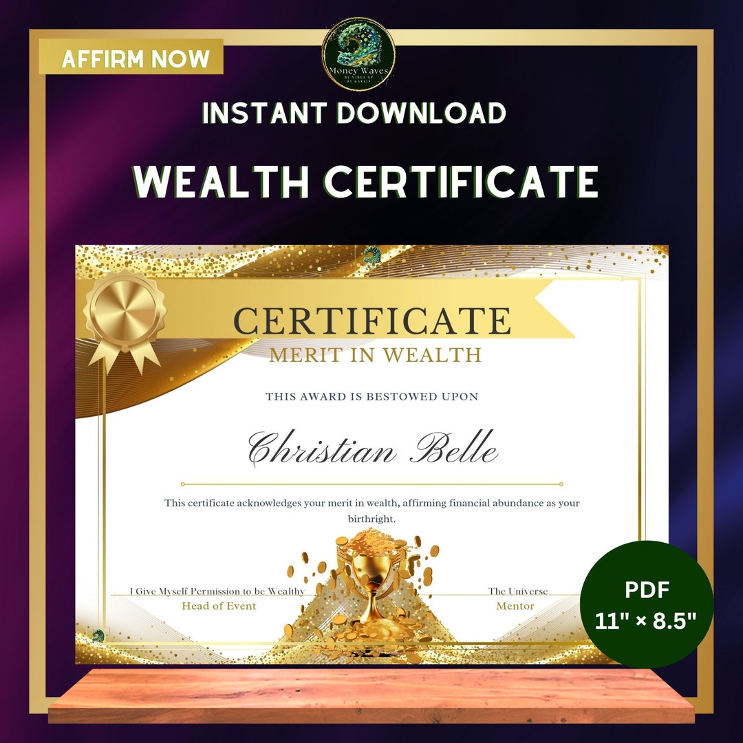 Merit in Wealth Printable Certificate, Prosperity Art (digital Download ...