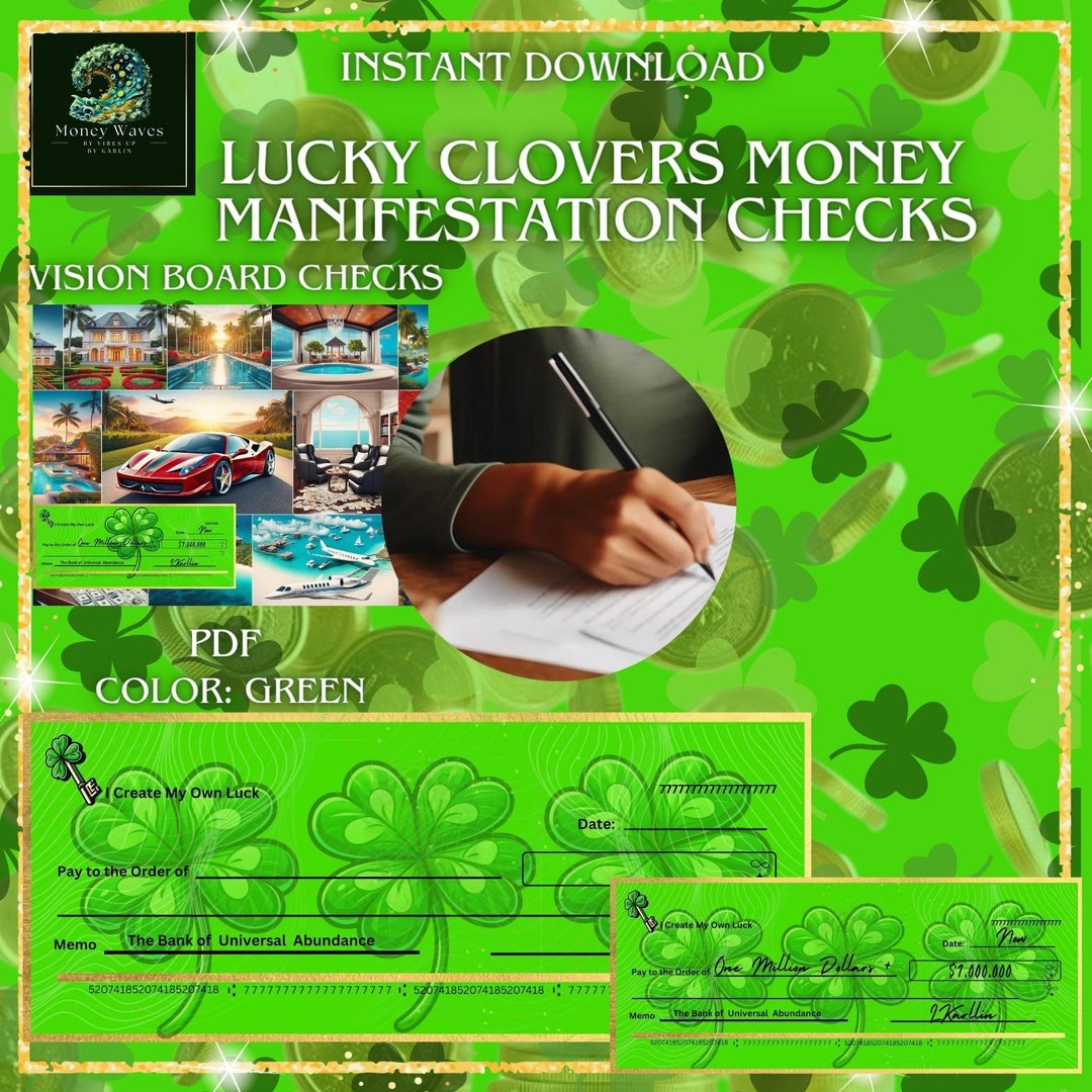 Lucky Check,green Checks,four Leaf Clover, Manifestation Checks ...