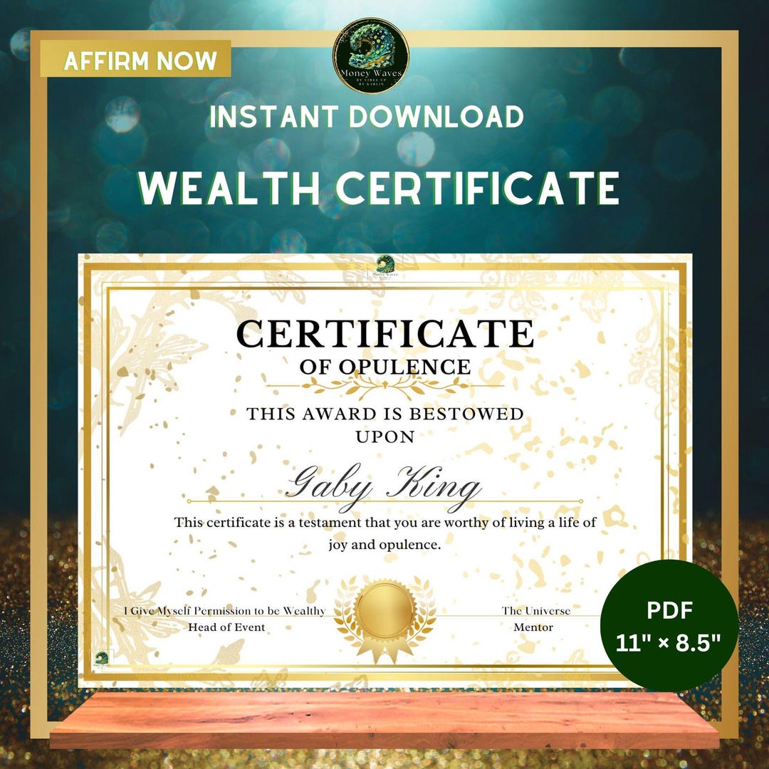 Opulence, Money Certificate, Money Wall, Printable Certificate ...
