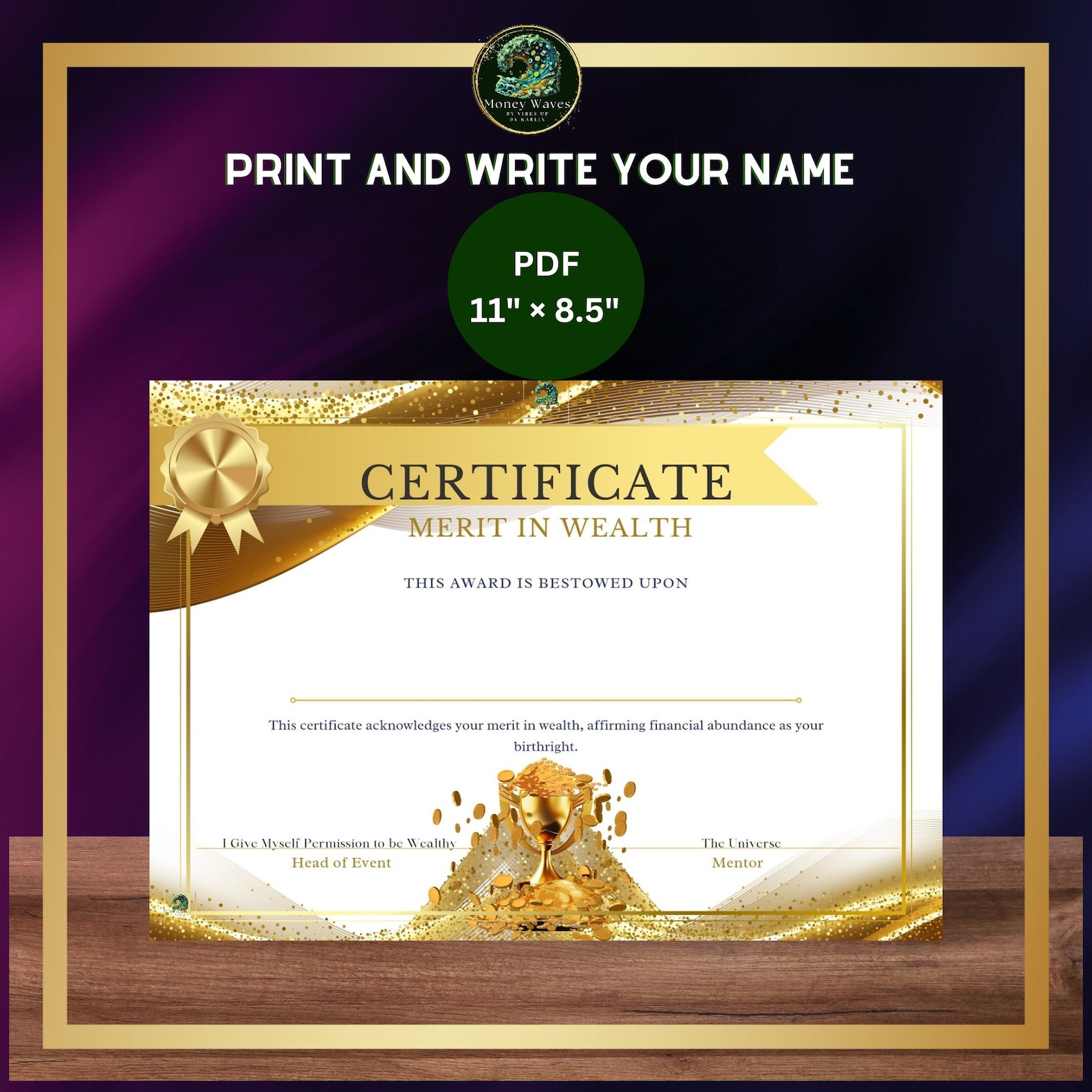 Merit in Wealth Printable Certificate, Prosperity Art (digital Download ...
