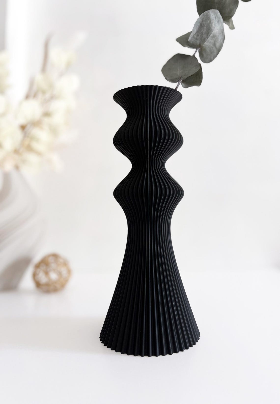 BLACK Vase NERVATO Vase Modern Textured Vase for Dried Flowers Matte ...