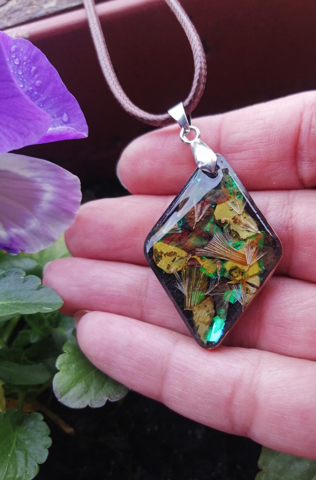 Real Flower Petals Necklace, Flower and Holographic Flakes, Black Resin ...
