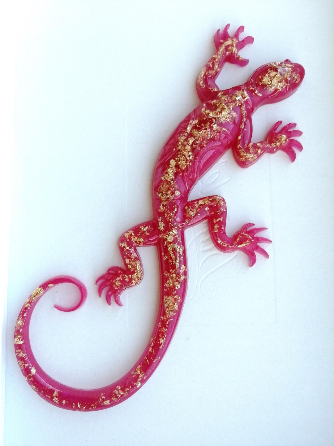 Resin Gecko, Resin Lizard, Resin Wall Decor Art, Lizard Gecko Red Gold Love Handmade Large Resin ...