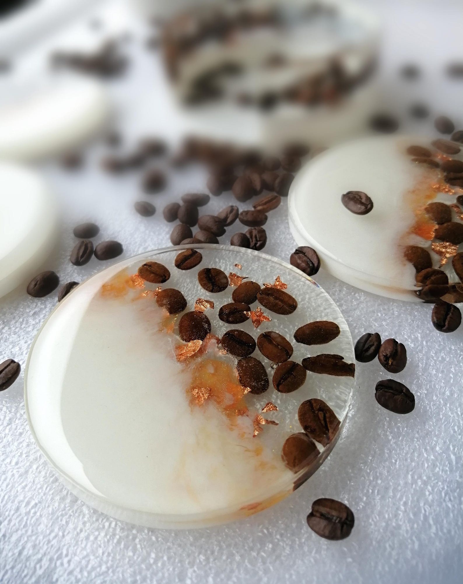 Coffee Bean Resin Coaster Set With Gold Flakes, Real Coffee Gift, White ...