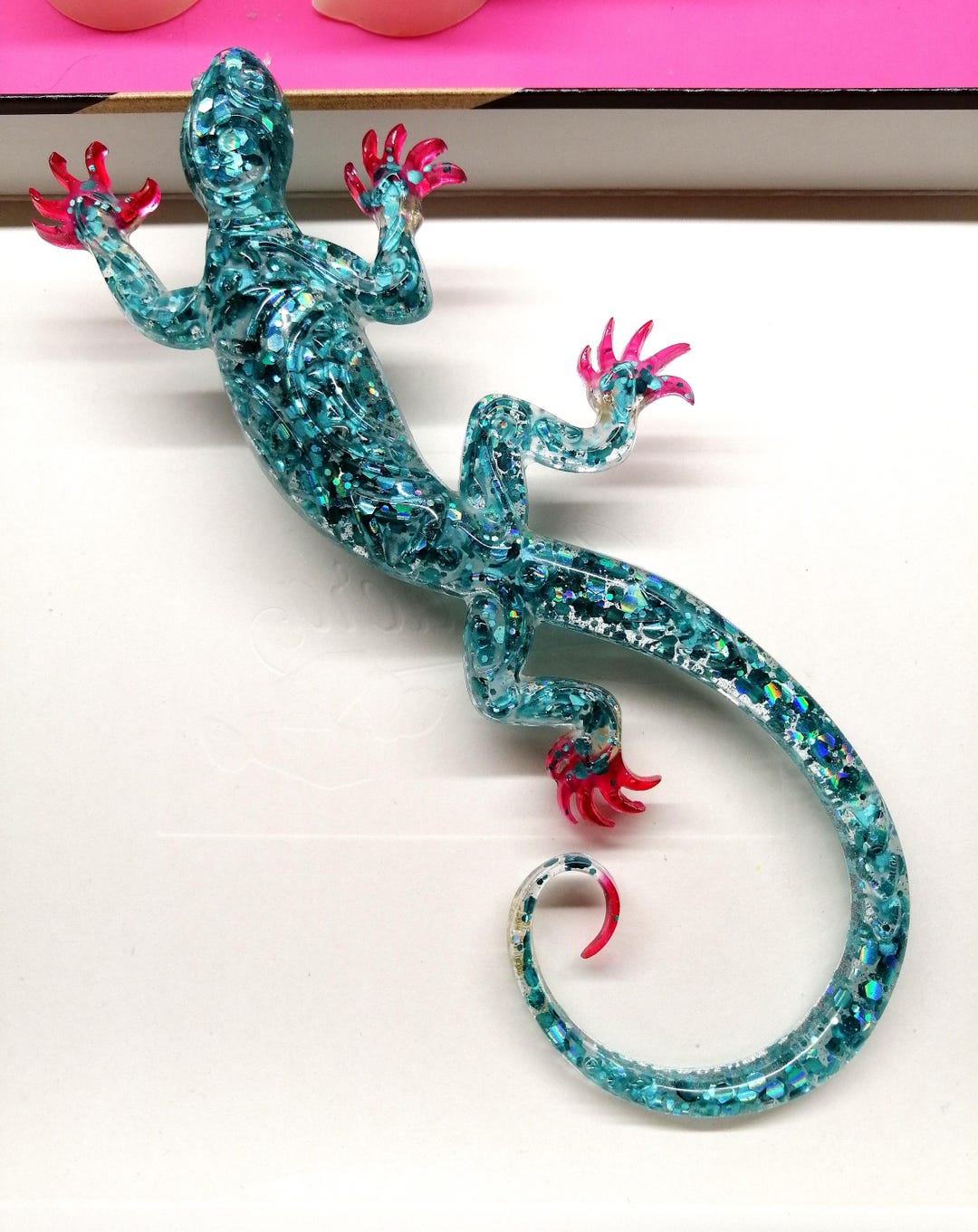 Resin Gecko, Resin Lizard, Resin Wall Decor Art, Lizard Gecko Sparkling Blue Handmade Large ...