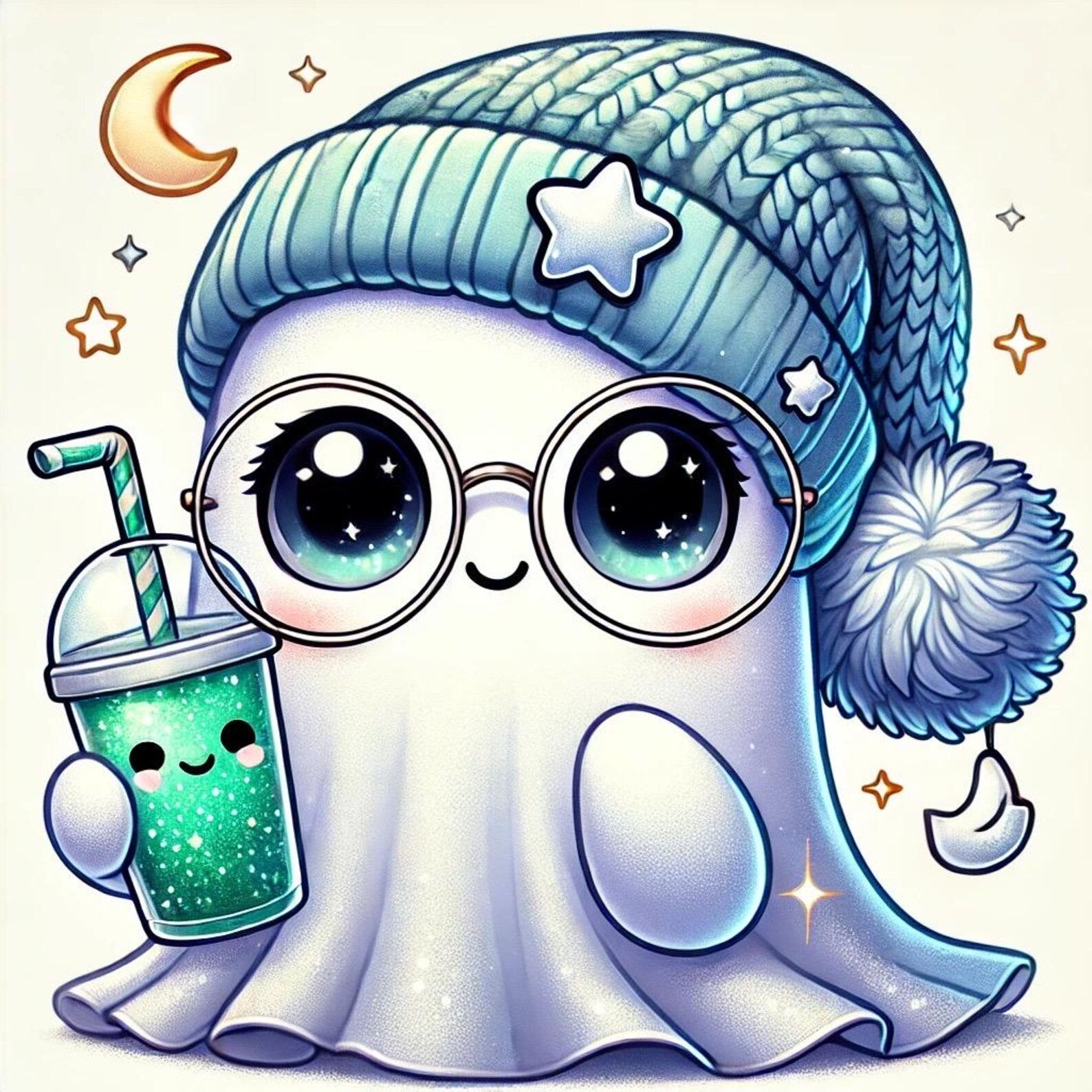 Cute Ghosts With Glasses, Beanies, Kawaii Pastel Halloween Art for Stickers & Prints, Instant ...