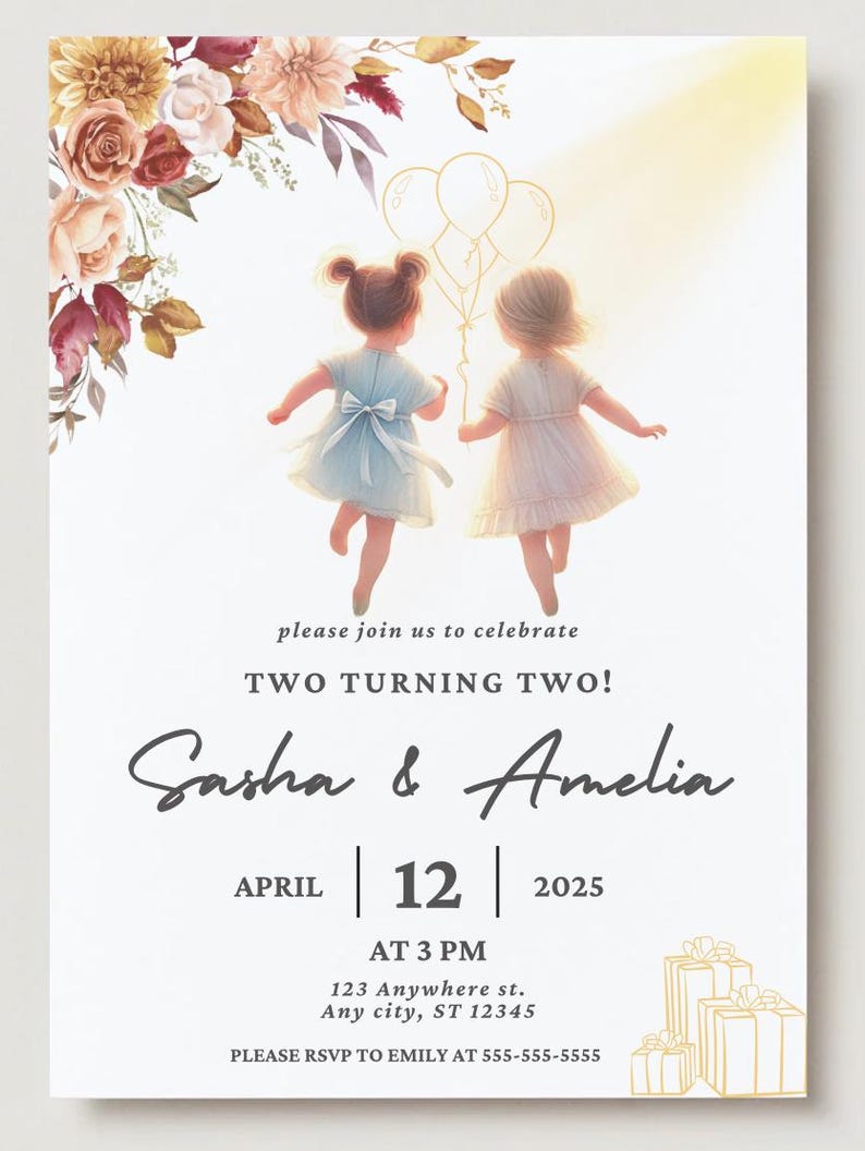 Editable Twin Girls Birthday Invitation “two Turning Two” – Mobile ...