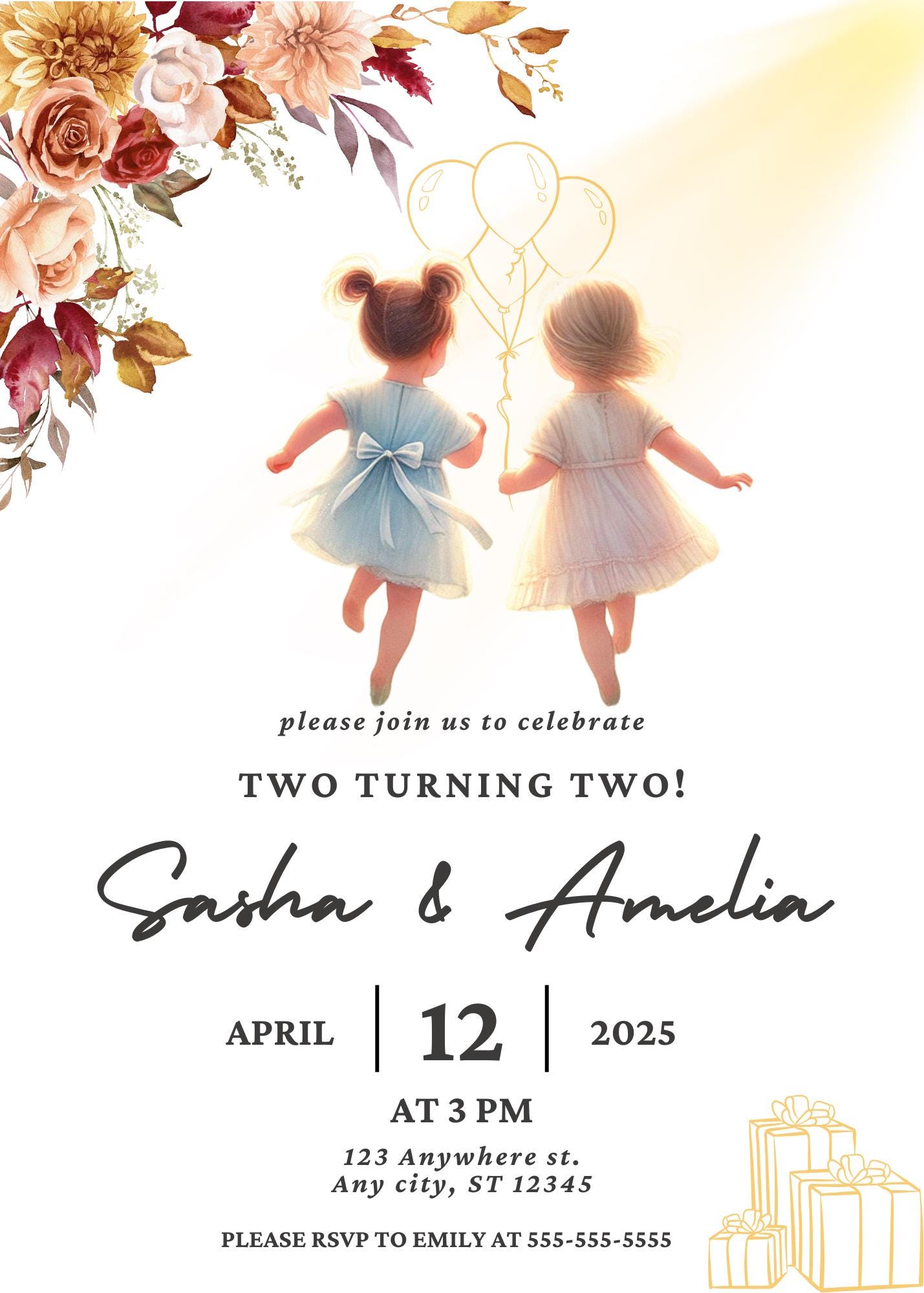 Editable Twin Girls Birthday Invitation “two Turning Two” – Mobile ...
