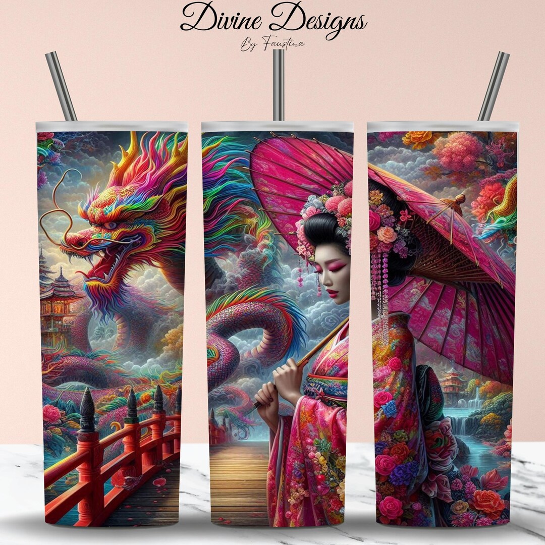 Asian Dragon Geisha 20oz Tumbler Wraps, Floral Umbrella, Japanese Art ...