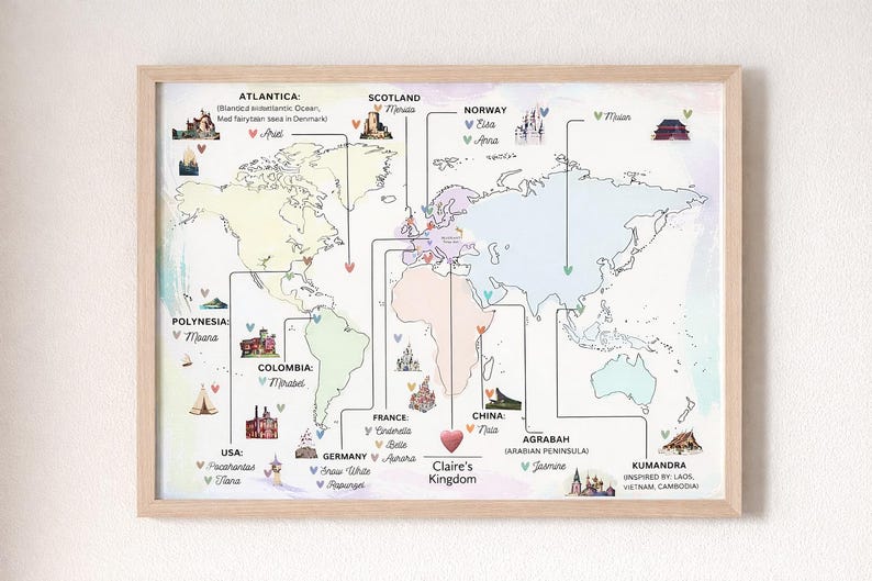 Princess World Map, Disney - Etsy