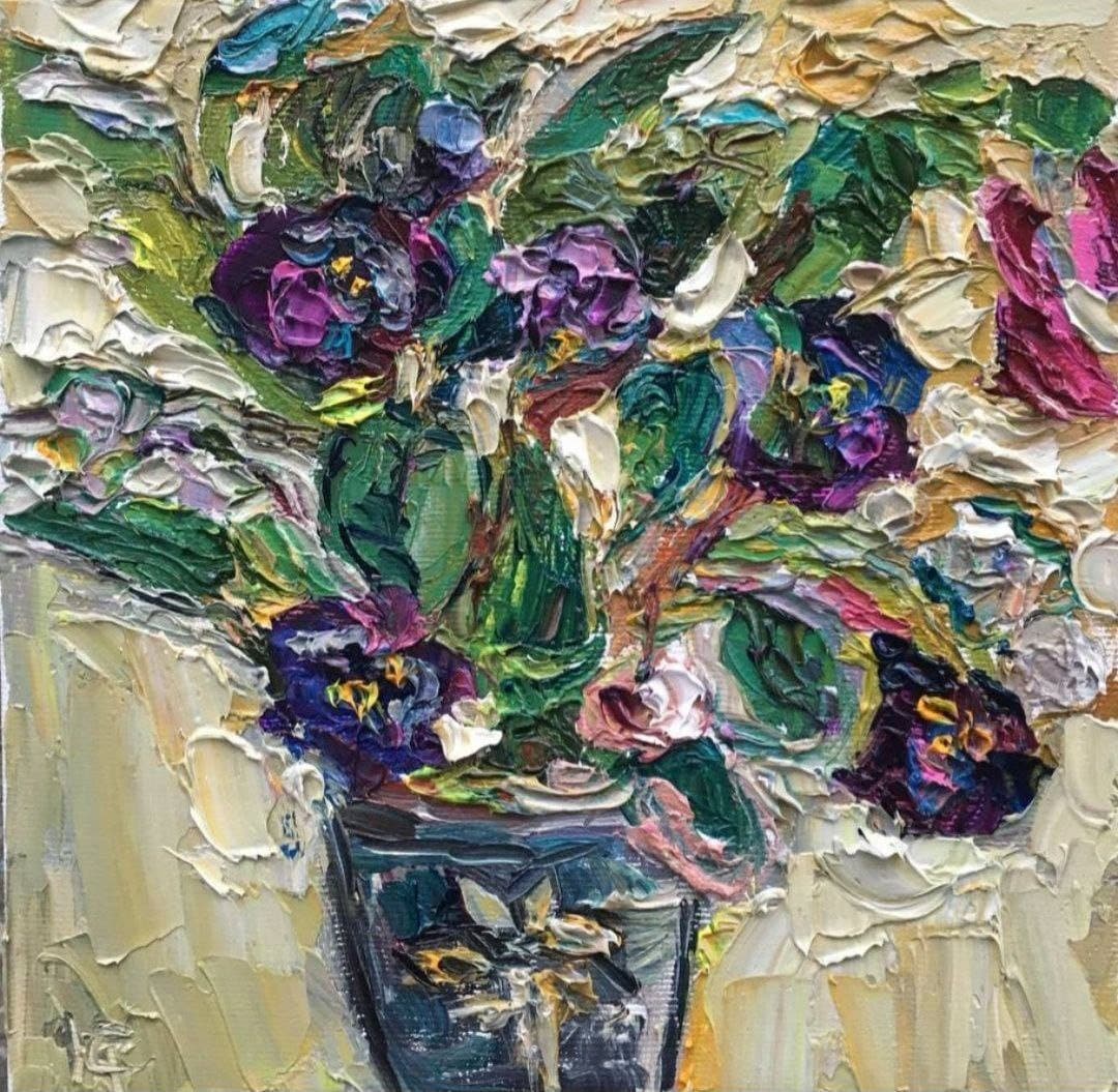 Violet Flower Original Oil Painting Stretched Canvas Indoor Flower ...